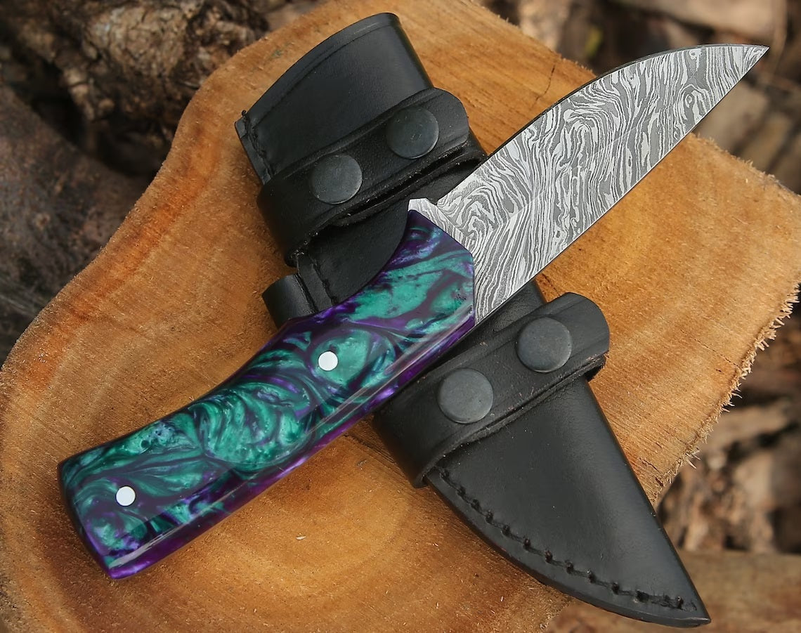 Custom Handmade Damascus Steel Hunting Knife with Epoxy Resin Handle a – KBS Knives Store