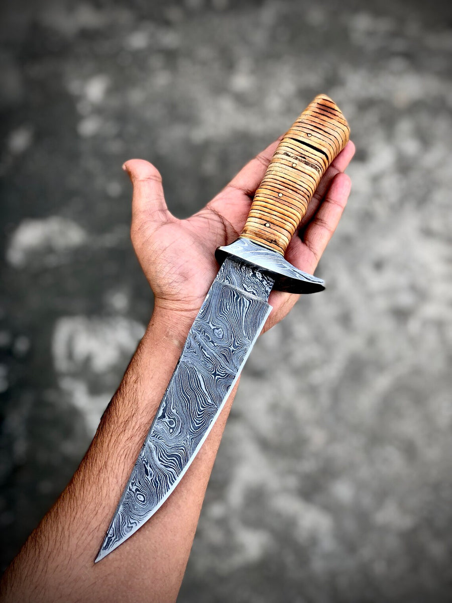 "Custom Handmade Damascus Steel Hunting Bowie Knife | Stacked Leather- – KBS Knives Store