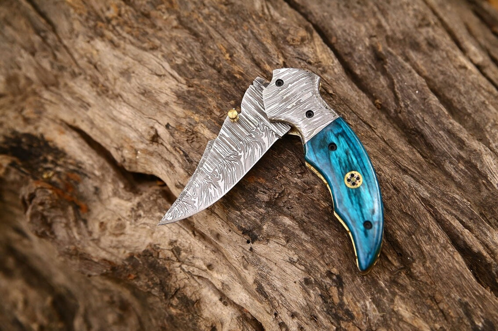 Custom Handmade Damascus Steel EDC Folding Pocket Knife – Exotic Wood ...