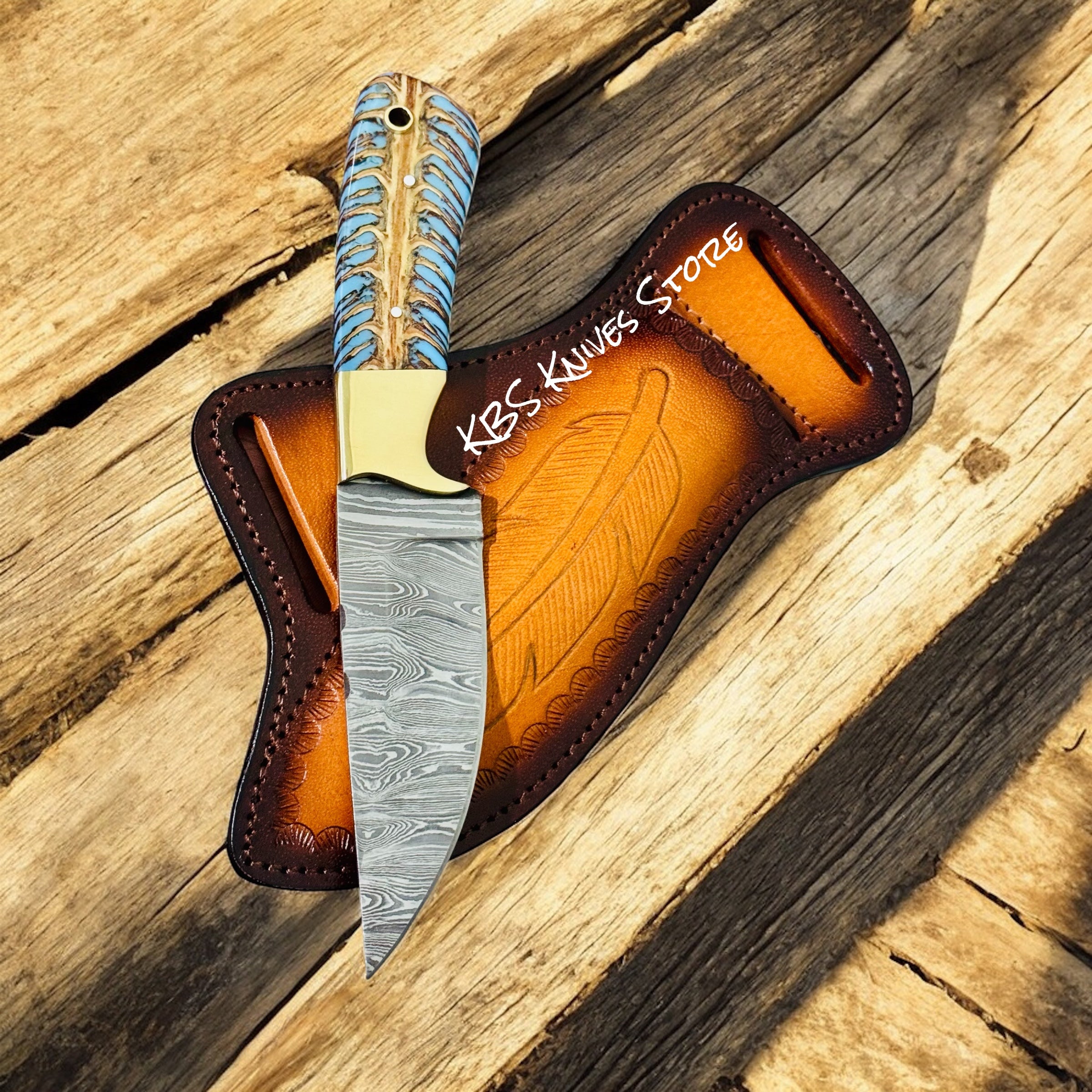 Damascus Ranch Knife Turquoise Pine Cone Handle Pro USA! – KBS Knives Store
