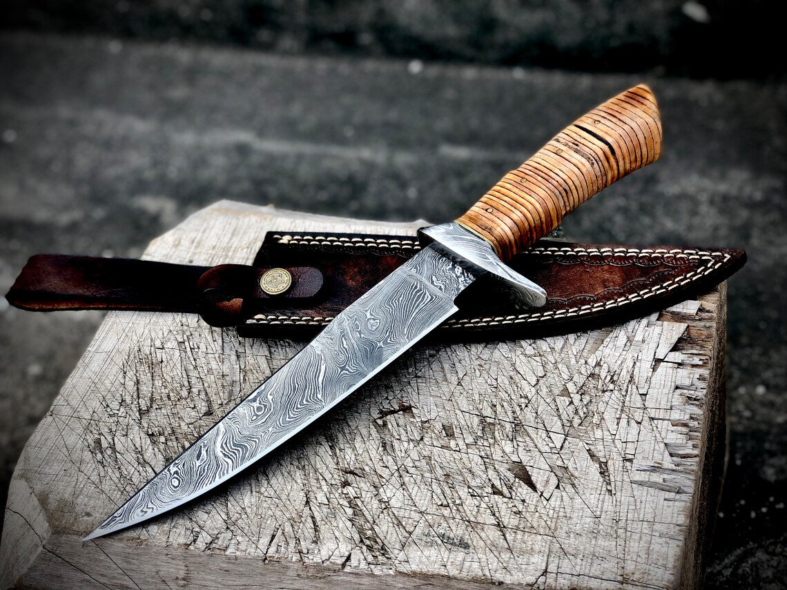 "Custom Handmade Damascus Steel Hunting Bowie Knife | Stacked Leather- – KBS Knives Store
