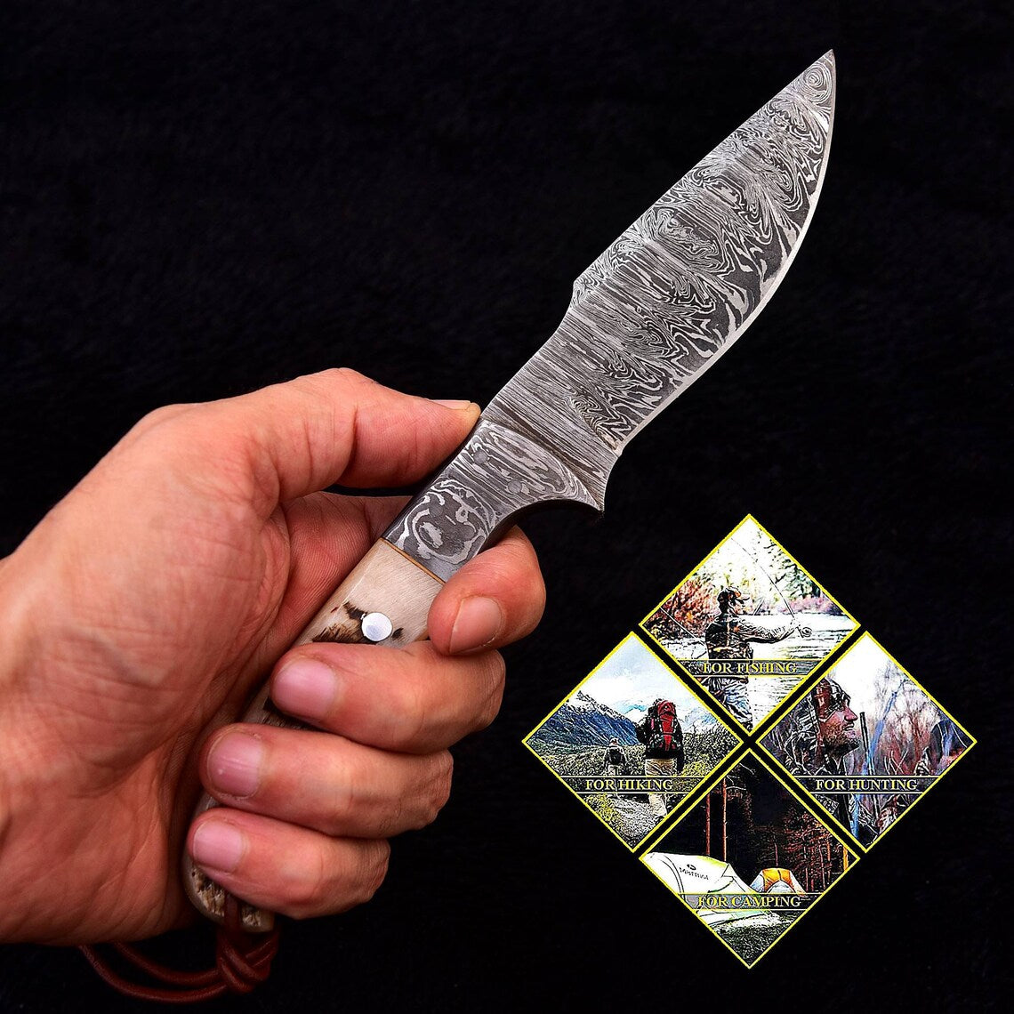 Custom Handmade Damascus Skinning Knife with Sheep Horn Handle, 9-inch ...