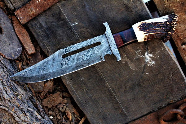 Rambo Knife for Sale - Custom Handmade Damascus Bowie with Rose Wood ...